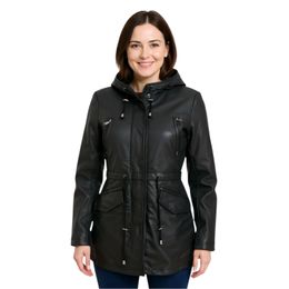 Damen Parkajacke mit Kapuze, Schwarz, Leder, Cairns
