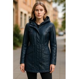 Blaue Damen-Parkajacke aus Leder mit Kapuze &ndash; Clare