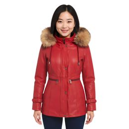 Damen Rote Lederparkajacke mit Kapuze - Putian