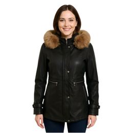 Schwarze Parkajacke aus Leder mit Kapuze f&uuml;r Damen &ndash; Charleville
