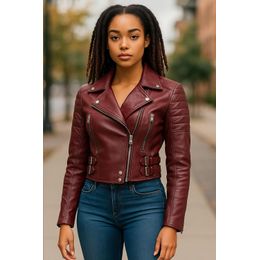 Burgunderrote kurze Brando-Bikerjacke aus Leder f&uuml;r Damen &ndash; Durban