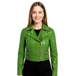 Apfelgr&uuml;ne, kurze Brando-Bikerjacke aus Leder f&uuml;r Damen &ndash; Bellville