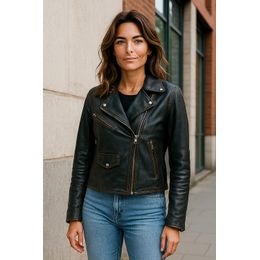 Schwarze klassische Brando-Biker-Lederjacke f&uuml;r Damen im Vintage-Stil &ndash; Soweto