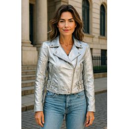 Silberne kurze Brando-Bikerjacke aus Leder f&uuml;r Damen &ndash; Durban