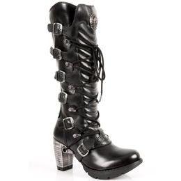 New Rock Damen-Kniehohe Stiefel mit schwarzer Schnalle und Schn&uuml;rung &ndash; TR004-S1