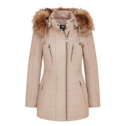 Beigefarbene Slim Fit Parkajacke aus Leder mit Kapuze f&uuml;r Damen &ndash; Northam