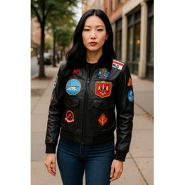 Schwarze A2 Top Gun Leder-Bomberjacke f&uuml;r Damen &ndash; Federn