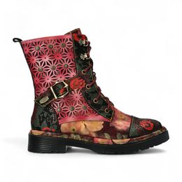 Laura Vita Incaso 36 Rote Blumen Damen Gothic Viktorianische Leder Kn&ouml;chelhohe Stiefel