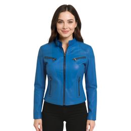 Blaue, l&auml;ssige Slim-Fit-Bikerjacke aus Leder f&uuml;r Damen &ndash; Tulsa