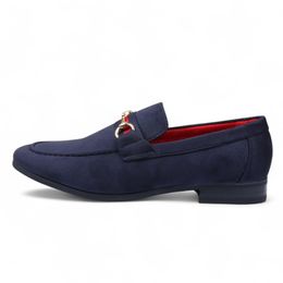 Herren-Loafer aus Wildleder in Marineblau mit goldener Schnalle, Slip-On-Abendschuhe