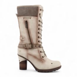 Mustang Damen-Kampfstiefel mit Schn&uuml;rung und Absatz in Cremewei&szlig;, halbhoch