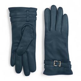 Damen-Winter-Fahrhandschuhe aus t&uuml;rkisgr&uuml;nem italienischem Leder mit weichem Wollfutter und Schnalle