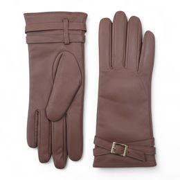 Damen-Winter-Fahrhandschuhe aus nudefarbenem, beigefarbenem italienischem Leder mit weichem Wollfutter und Schnalle