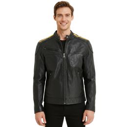 Klassische schwarze gesteppte Bikerjacke aus Leder f&uuml;r Herren mit gelben Streifen &ndash; Velocity