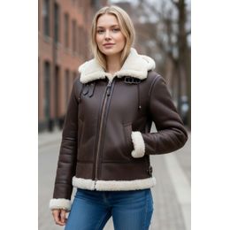 Damen Creck Braune Schaffell-Bomber-Lederjacke mit Kapuze &ndash; Sovereign