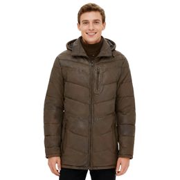 Braune Steppjacke aus Leder f&uuml;r Herren mit abnehmbarer Kapuze, Puffer-Wintermantel &ndash; Orion