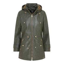 Gr&uuml;ner Lederparka f&uuml;r Damen mit abnehmbarer Borg-Kapuze und Trenchcoat &ndash; Trekker