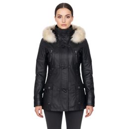 Damen-Parka mit Steppung und Pelzkapuze, Schwarz, Lammleder &ndash; Duchess