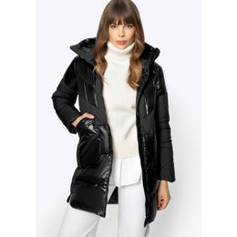 Wittchen Damen-Daunenmantel aus Materialmix mit Kapuze, schwarzes Nylon