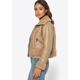 Wittchen Damen kurze beige Jacke mit Pelzbesatz, beiges Kunstleder