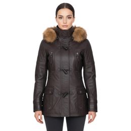 Damen-Parka mit Steppung und Pelzkapuze aus braunem Lammleder &ndash; Duchess