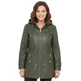 Gr&uuml;ner Lederparka f&uuml;r Damen mit abnehmbarer Borg-Kapuze, Trenchcoat &ndash; Emilia