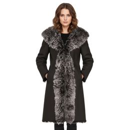 Schwarzer Damen-Trenchcoat mit Kapuze aus echtem Schafleder, Modell Toscana - Verona