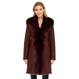 Damen-Trenchcoat mit Kapuze aus echtem Schafleder, burgunderrot, Modell Toscana - Verona