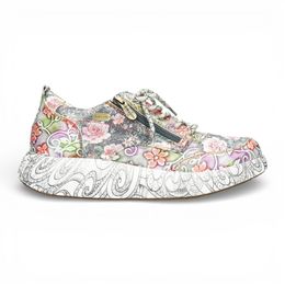 Laura Vita Damen-Sneaker Nikito 62, graues Leder mit Blumenmuster, Plateau-Sohle