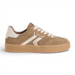 Tamaris Damen-Sneaker aus taupefarbenem Leder mit wei&szlig;en Streifen
