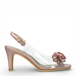 Laura Vita Damen-Sandalen Mira 05, durchsichtiges rosafarbenes Cinderella-Stili, spitz zulaufender Absatz, Kn&ouml;chelriemen