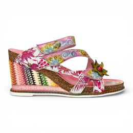 Laura Vita Damen Balade 32 Rosenrosa Espadrille-Sandalen aus Leder mit Keilabsatz und Blumenmuster