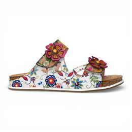 Laura Vita Damen-Sandalen Brcyano 32, wei&szlig;, mit Blumenmuster, aus Leder, Riemchen