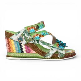 Laura Vita Damen Balade 32 Vert Gr&uuml;n Blumenmuster Leder Keil Espadrille Sandalen