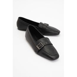 Noir Leder Flach Loafer Damen