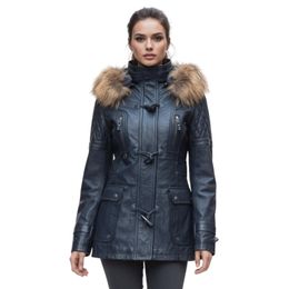 Damen-Parka mit Steppjacke aus Lammleder und Pelzkapuze in Marineblau &ndash; Duchess