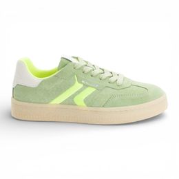 Tamaris Damen-Sneaker aus gr&uuml;nem Leder mit Neonstreifen