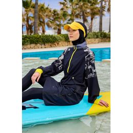Schwarzer, vollst&auml;ndig bedeckender, bescheidener Burkini mit &Auml;rmeldetail
