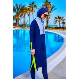 Marineblauer, vollst&auml;ndig bedeckender, bescheidener Badeanzug &ndash; Burkini mit verstellbarer Passform