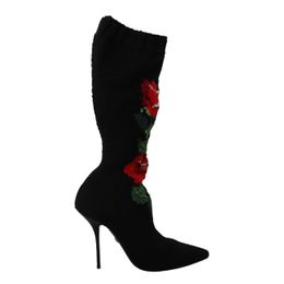 Dolce & Gabbana Dolce & Gabbana Schwarze Stretch-Socken Rote Rosen Stiefeletten Schuhe
