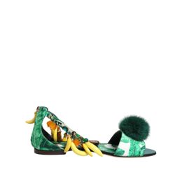 Dolce & Gabbana Dolce & Gabbana Gr&uuml;ne Nerz-Fell-Satin-Bananenblatt-Sandalen Schuhe