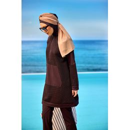Braunes Burkini-Set mit vollst&auml;ndiger Abdeckung und T&uuml;lldetail. Bescheidenes Bademode-Burkini-Set