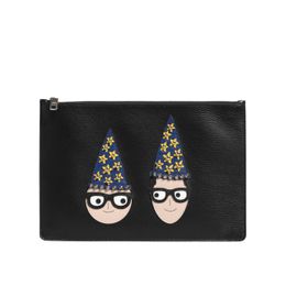 Dolce & Gabbana Dolce & Gabbana Schwarze Leder #DGFAMILY Verziertes Herren Clutch Pouch Bag