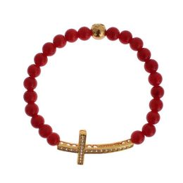 Nialaya Rotes Korallen Gold CZ Kreuz 925 Silberarmband