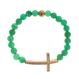 Nialaya Jade Stein Gold CZ Kreuz 925 Silberarmband
