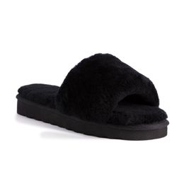 Aus Wooli Australia Damen Schafsfell Fluff Slide Hausschuhe Schwarz