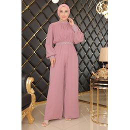 Stein Detailed Chiffon Jumpsuit Abendkleid Altrosa