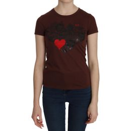 Exte Damen Braun Herzprint Rundhals T-Shirt Kurzarm Bluse