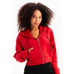 JUSTEVER Crop-Hoodie mit Rei&szlig;verschluss, K&auml;ngurutasche und erh&ouml;htem Bund, rot, Damen-Sweatshirt - Lumen