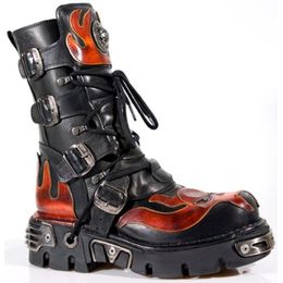 New Rock Flame-Akzent-Bikerstiefel aus schwarzem/rotem Leder mit Totenkopf-Motiv &ndash; 107-S1